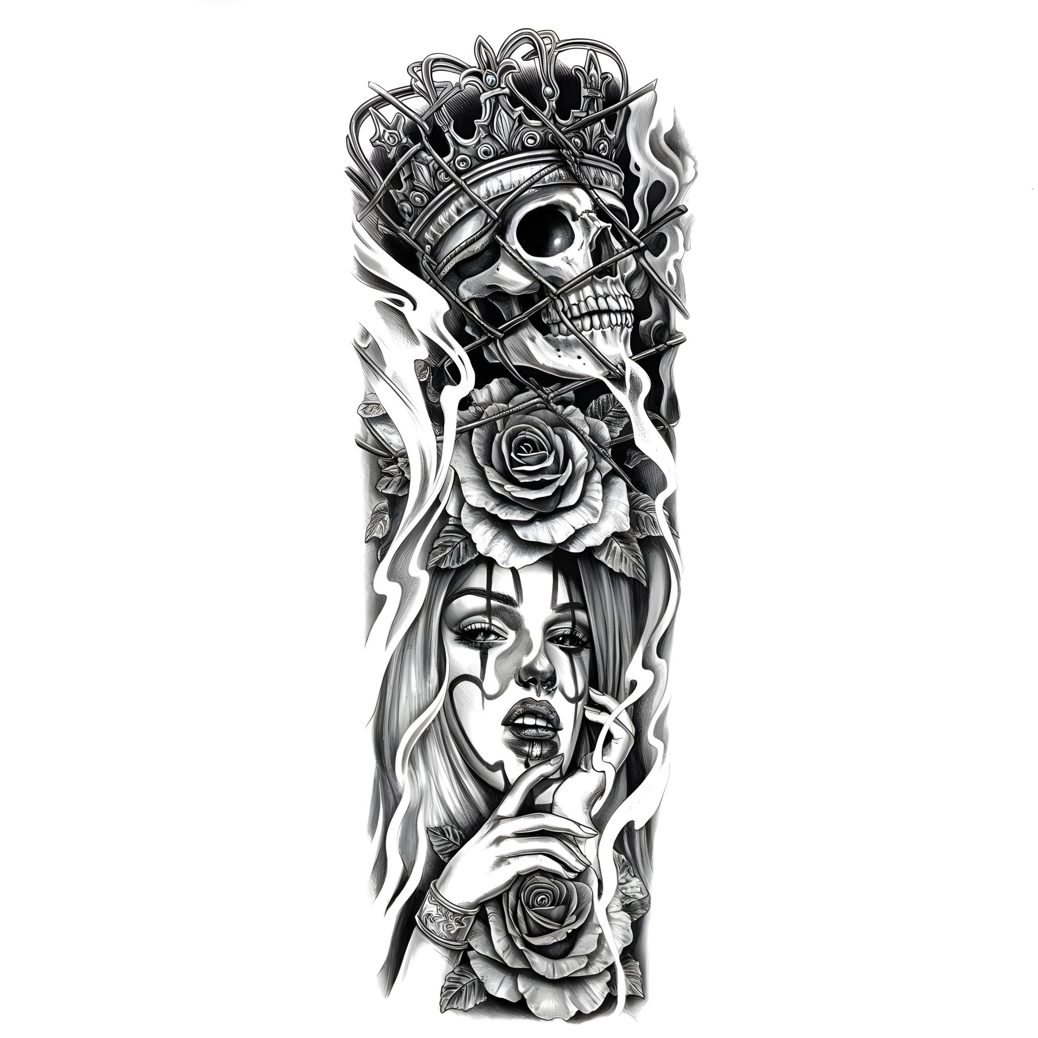 Crowned Skull & Roses Sleeve Temporary Tattoo | 6 x 18 inch – SteezyInk
