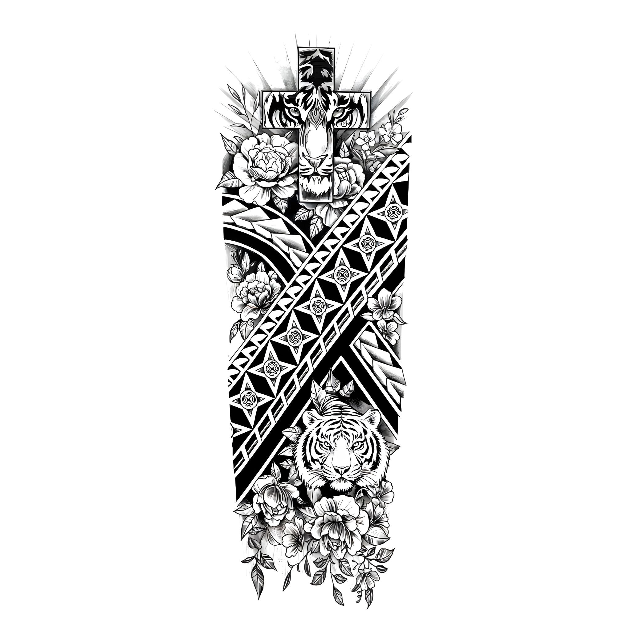 Tiger Cross Tribal Sleeve Temporary Tattoo | 6 x 18 inch – SteezyInk